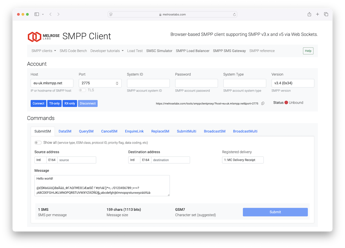 SMPP Client (Web) - Melrose Labs